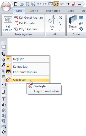 Ribbon Menüde Toolbar ve Kısayol Tanımla