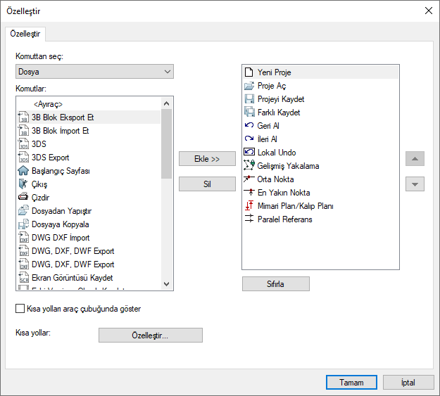 Ribbon Menüde Toolbar ve Kısayol Tanımla