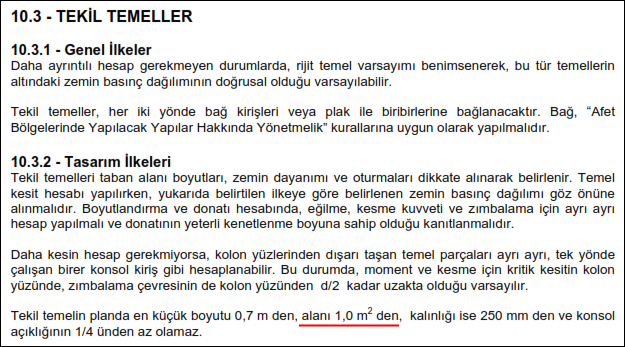 Tekil temel alanı 1m²'den az olamaz.